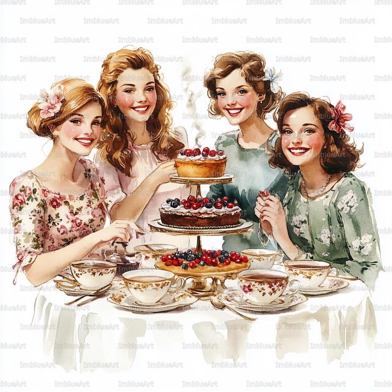 24 Tea Party Clipart, Friends Gathering Scene, Watercolor Printable JPG ...