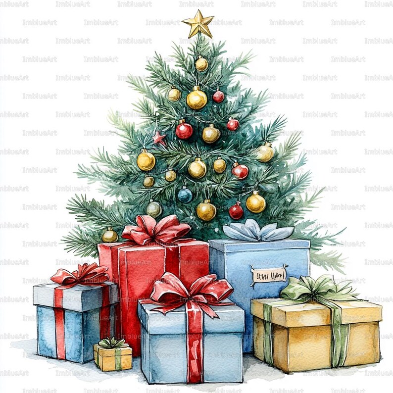 24 Gifts Under Tree Clipart | Christmas Presents | Printable Watercolor ...