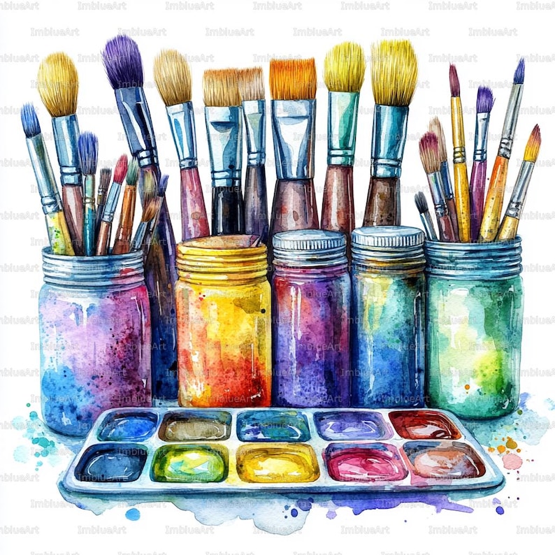 24 Paint Brushes Clipart, Artist Art Supplies Set, Watercolor Printable ...