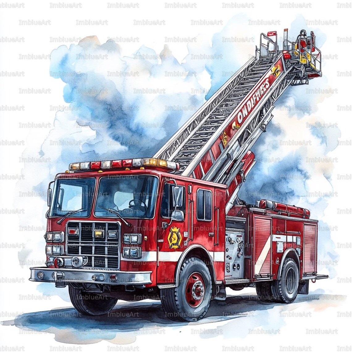 24 Fire Truck Clipart, Watercolor Fire Engine With Ladder, Watercolor ...