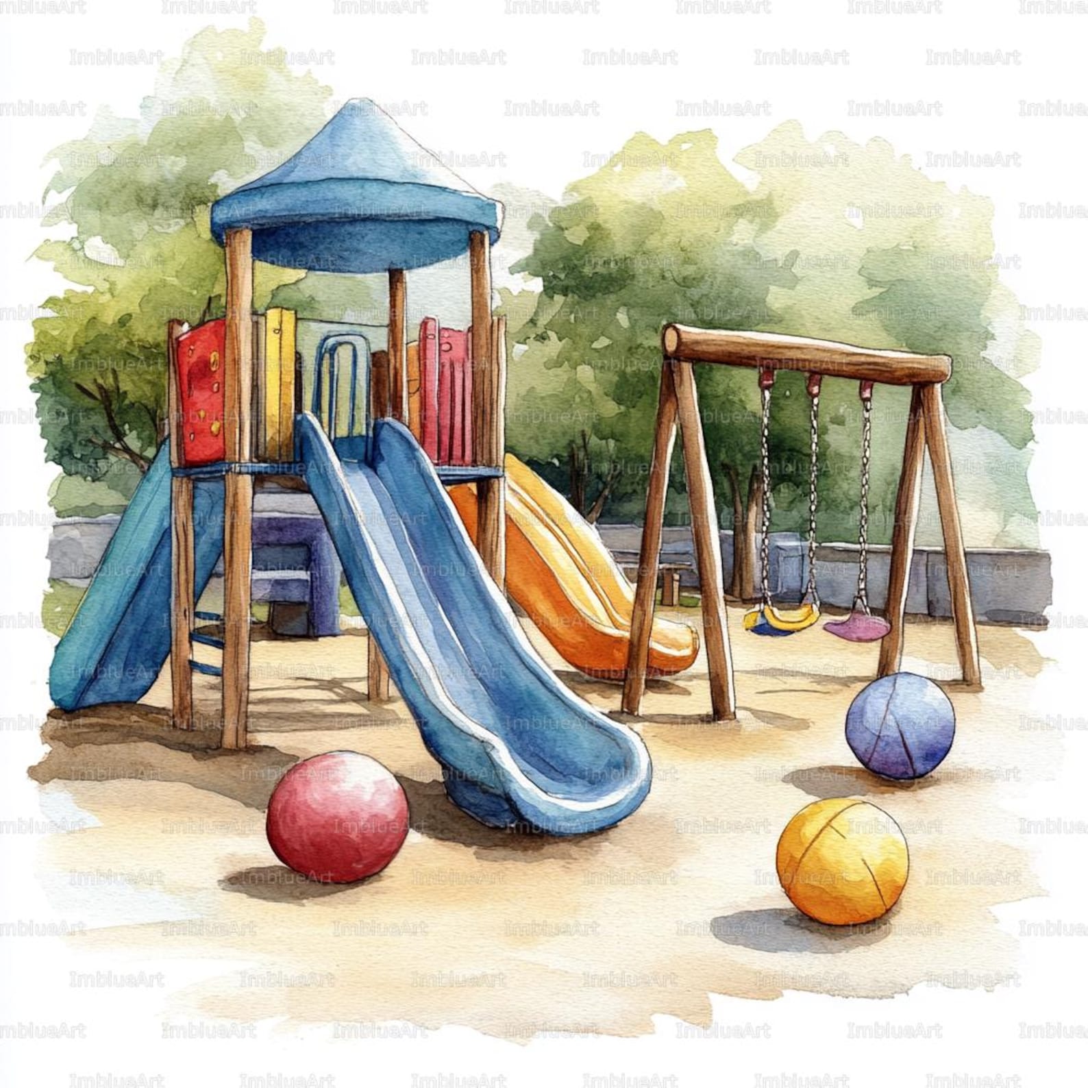 24 Kids Playground Clipart, Summer Outdoor Play Scene, Watercolor ...