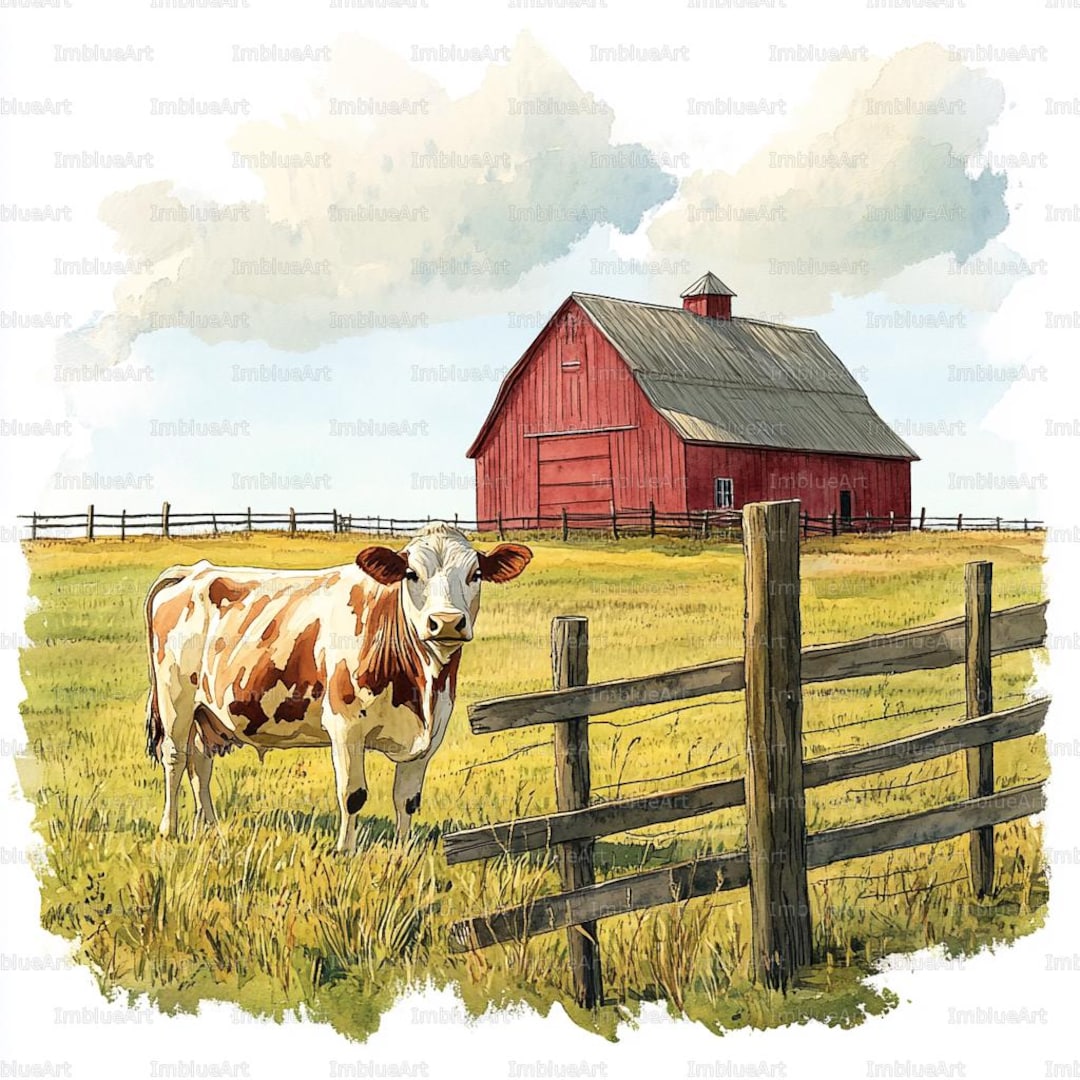 24 Cow Clipart, Peaceful Farm Pasture Scene Watercolor Printable JPG ...