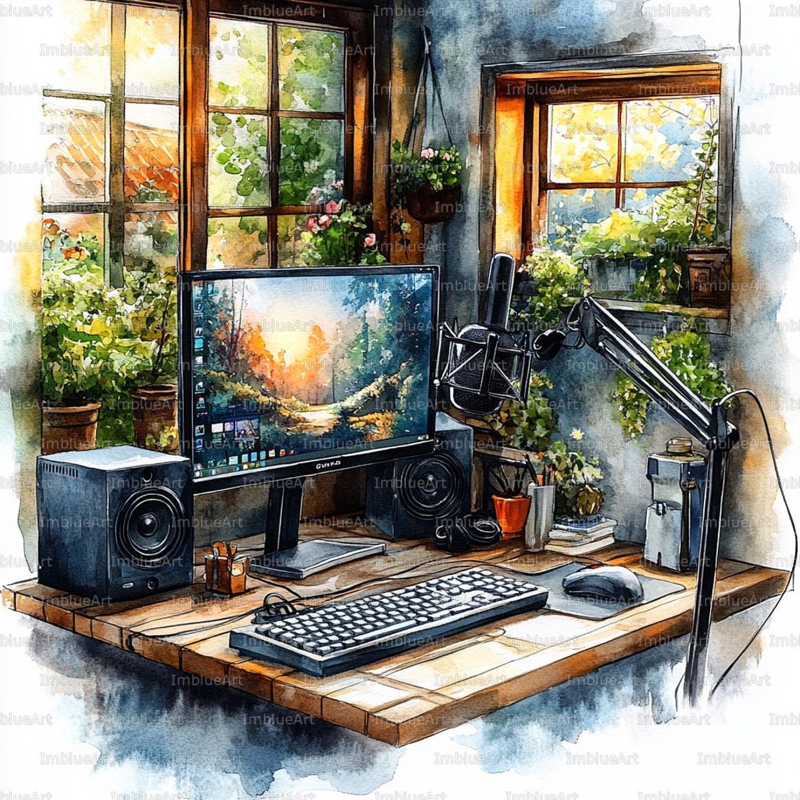 24 Game Streamer Clipart, Live Streaming Setup Illustration, Watercolor ...
