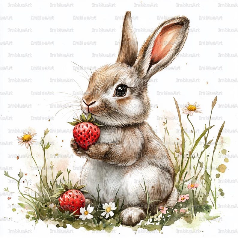 24 Bunny Clipart, Bunny With Strawberry Sweet Spring Animal Scene ...