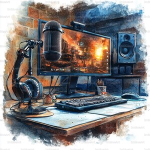 24 Game Streamer Clipart, Live Streaming Setup Illustration, Watercolor ...