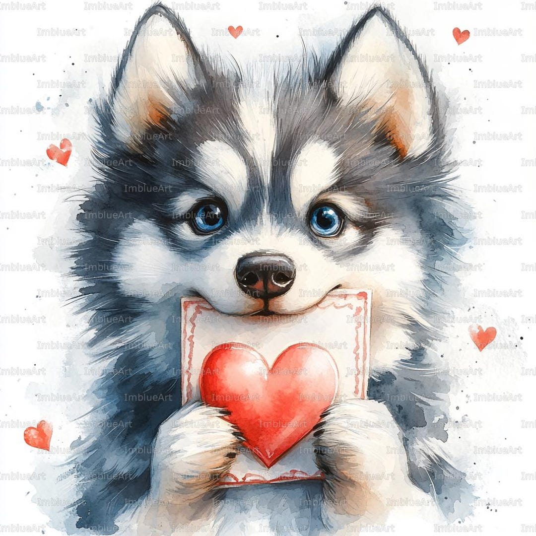 23 Valentine Husky Clipart, Cute Dog With Love Card, Watercolor ...