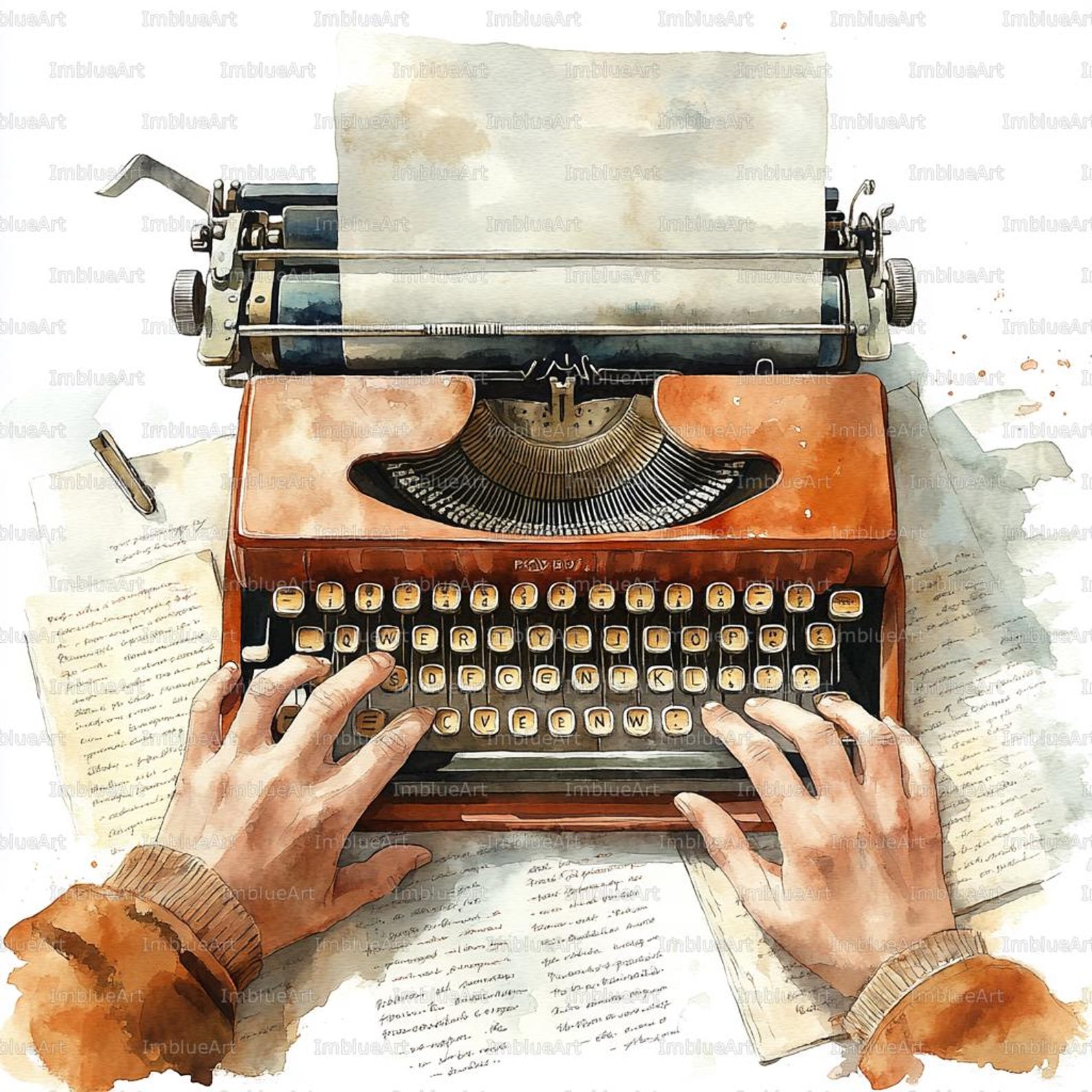 24 Typewriter Hands Clipart, Vintage Writing Scene, Writer Watercolor ...