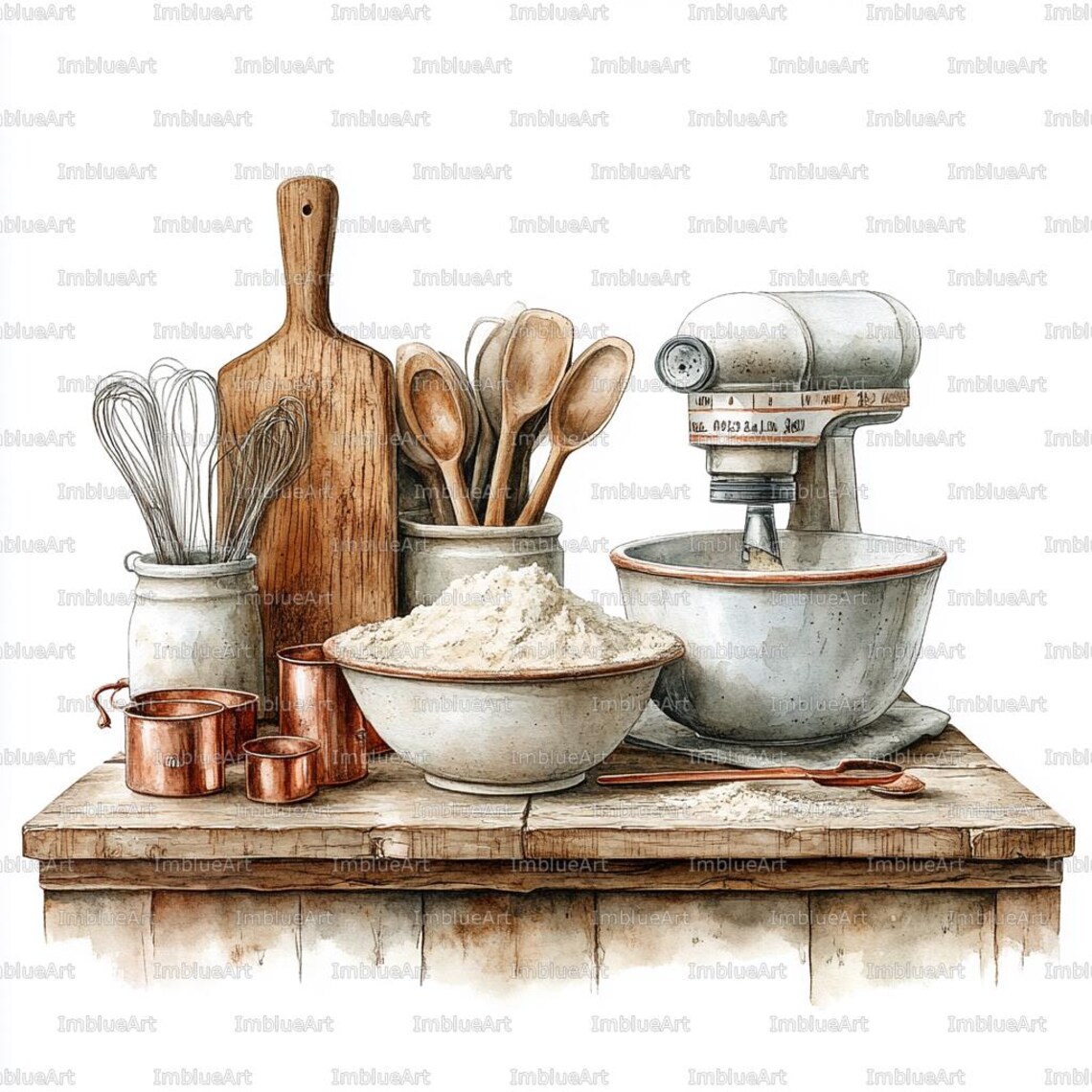 24 Vintage Kitchen Tools Clipart, Retro Cooking Utensils, Watercolor ...