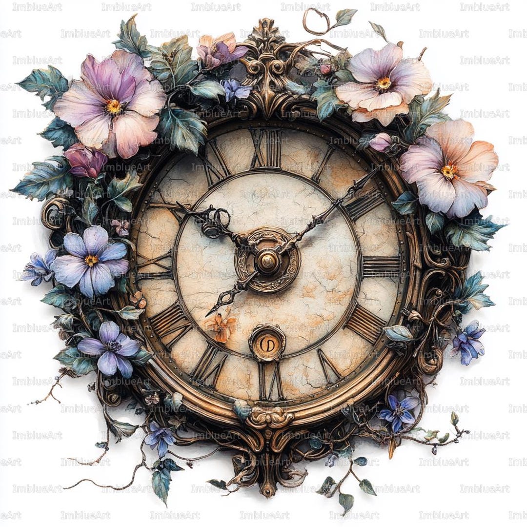 24 Floral Clock Clipart, Time and Growth Symbol, Botanical, Watercolor ...