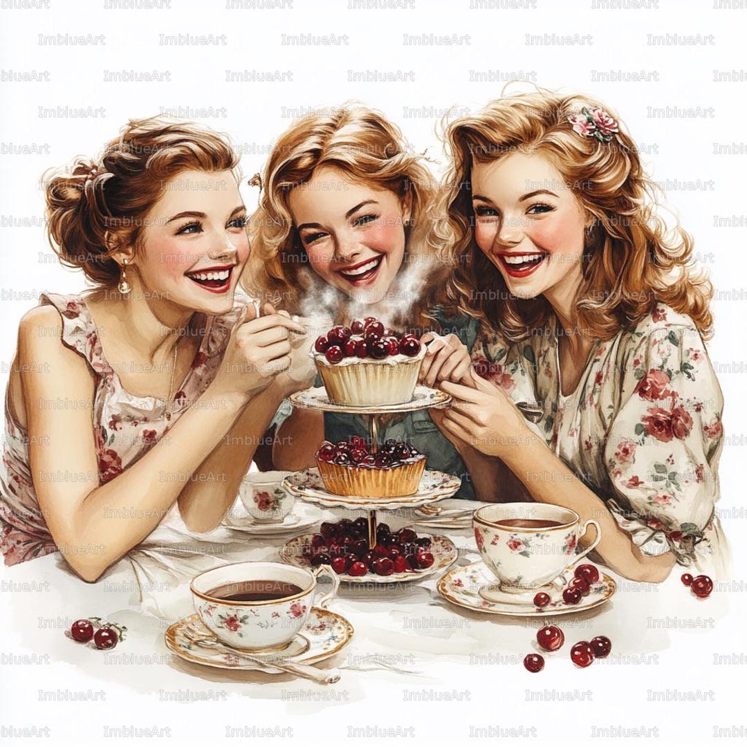 24 Tea Party Clipart, Friends Gathering Scene, Watercolor Printable JPG ...