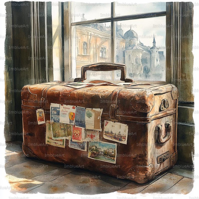 24 Vintage Travel Suitcase Clipart, Travel Luggage With Stickers Scene ...