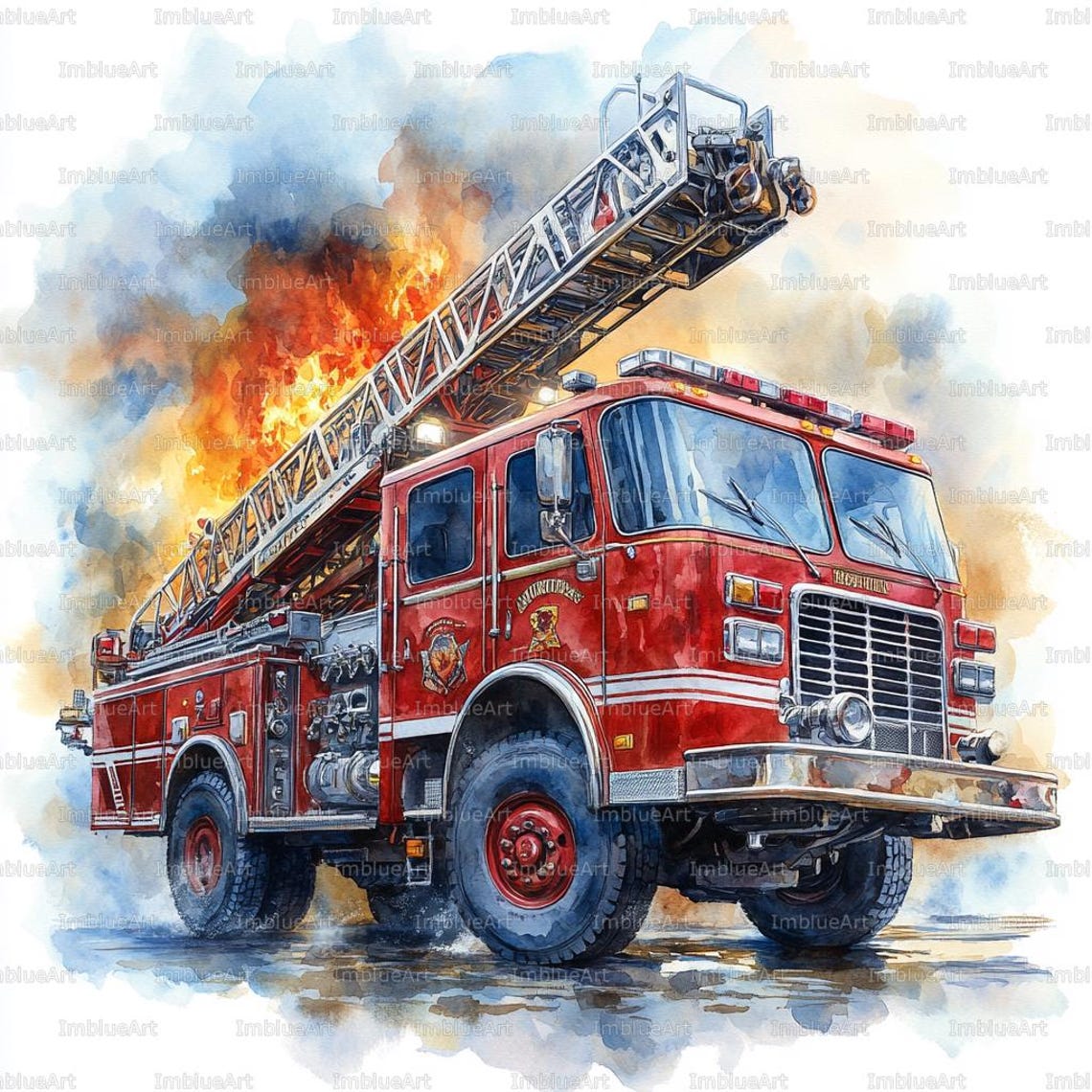 24 Fire Truck Clipart, Watercolor Fire Engine With Ladder, Watercolor ...