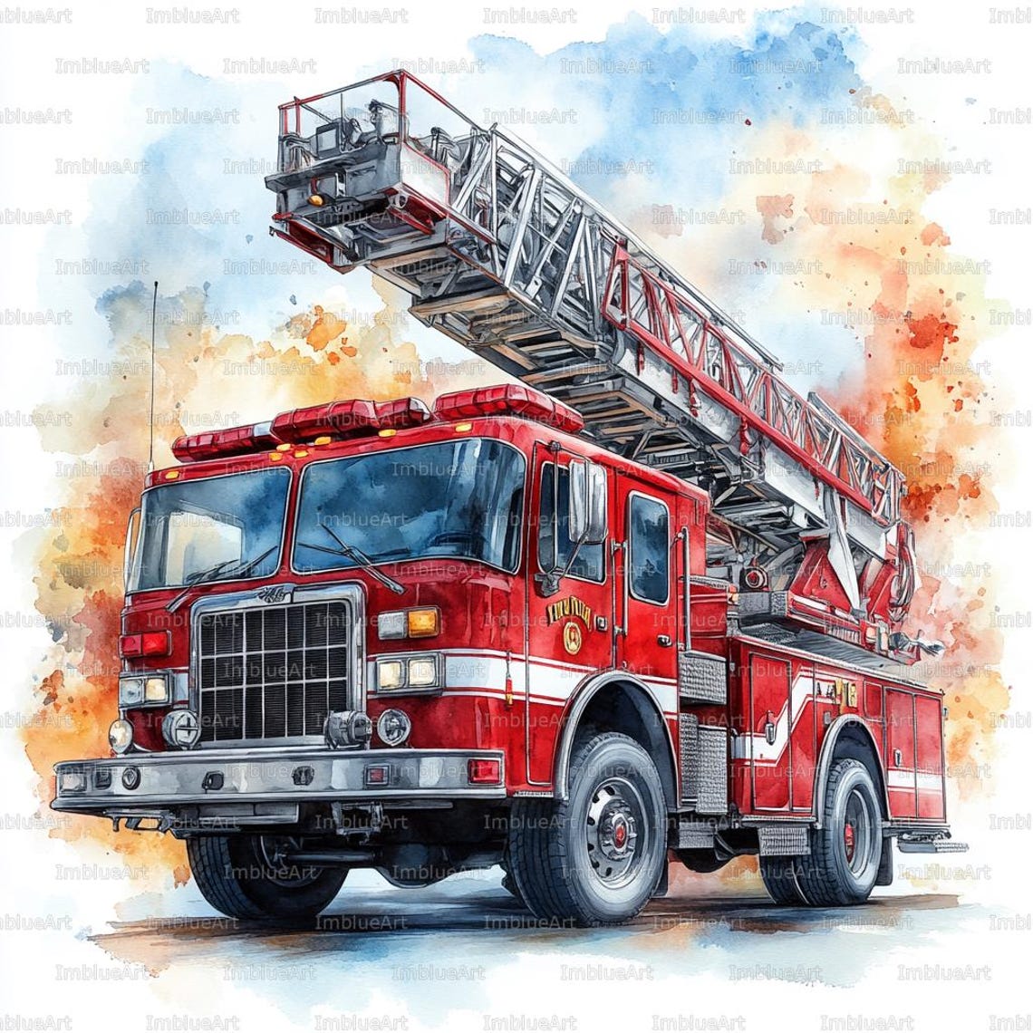 24 Fire Truck Clipart, Watercolor Fire Engine With Ladder, Watercolor ...