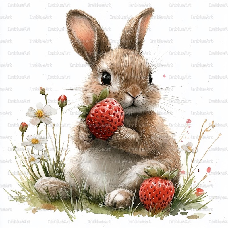 24 Bunny Clipart, Bunny With Strawberry Sweet Spring Animal Scene ...