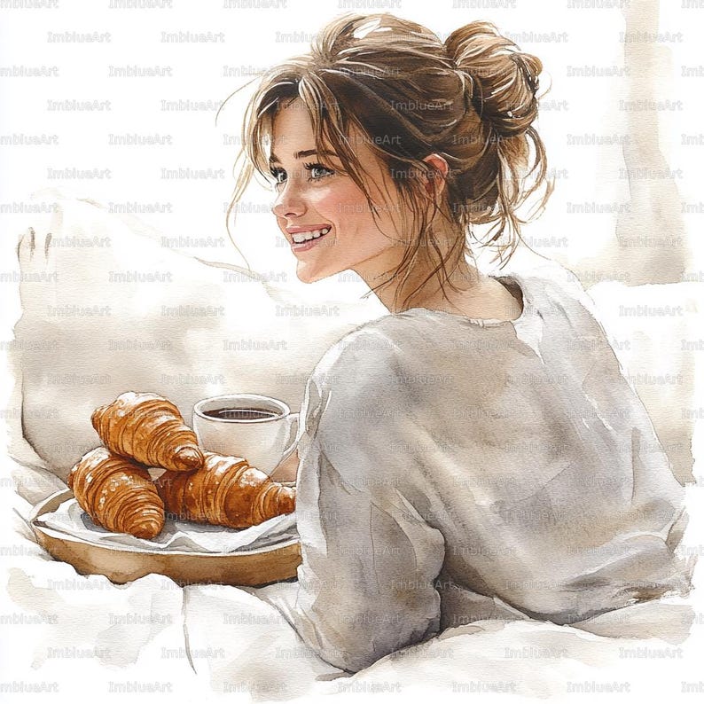 24 Breakfast in Bed Clipart, Romantic Morning Scene, Watercolor ...