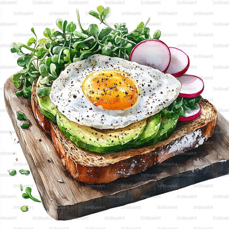 24 Avocado Toast Clipart, Rustic Breakfast Art, Watercolor Printable ...