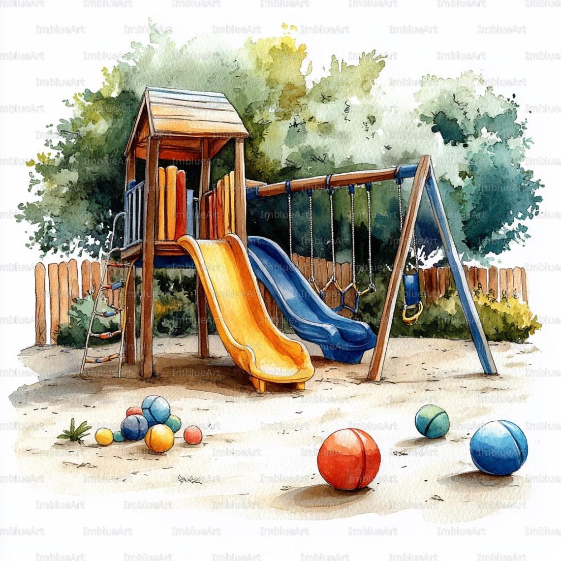 24 Kids Playground Clipart, Summer Outdoor Play Scene, Watercolor ...