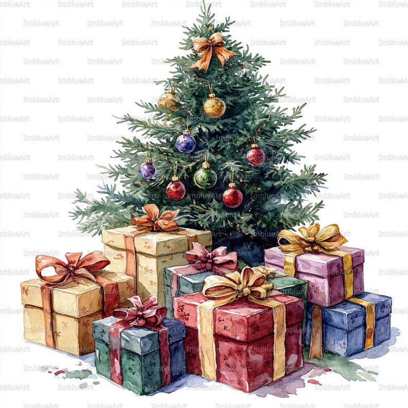 24 Gifts Under Tree Clipart | Christmas Presents | Printable Watercolor ...