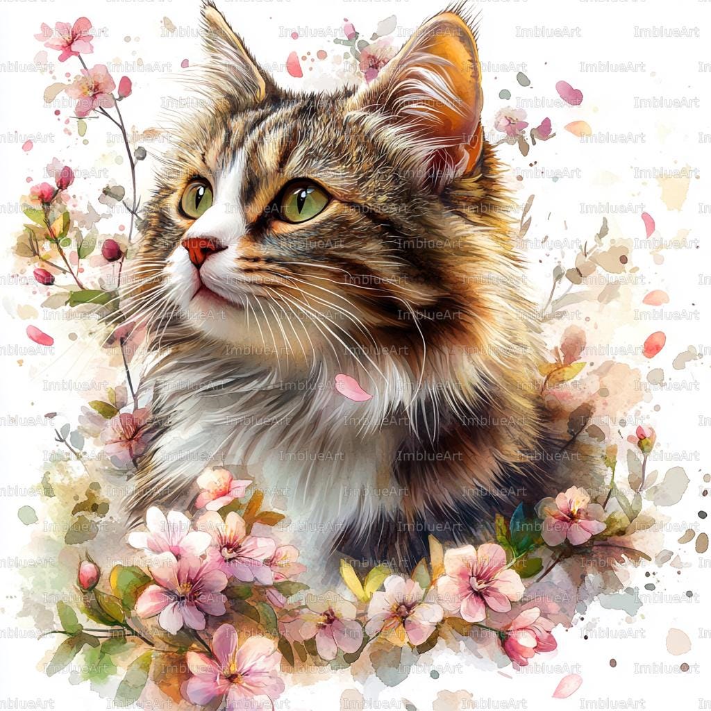 24 Cat Among Blossoms Clipart, Spring Floral Cat Illustration Scene ...