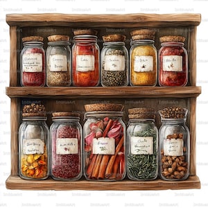 24 Spice Jars Clipart, Kitchen Organization Scene, Watercolor Printable ...