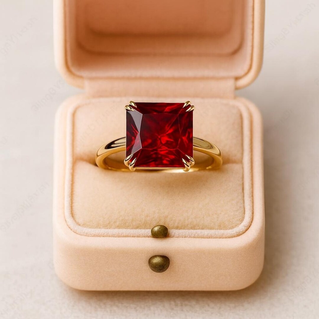 14K Gold Princess Cut Garnet Solitaire Engagement Ring, Elegant Red ...