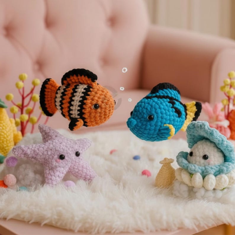 4 in 1 Ocean No-sew Crochet Pattern – Amigurumi Dory, Nemo, Mussel ...