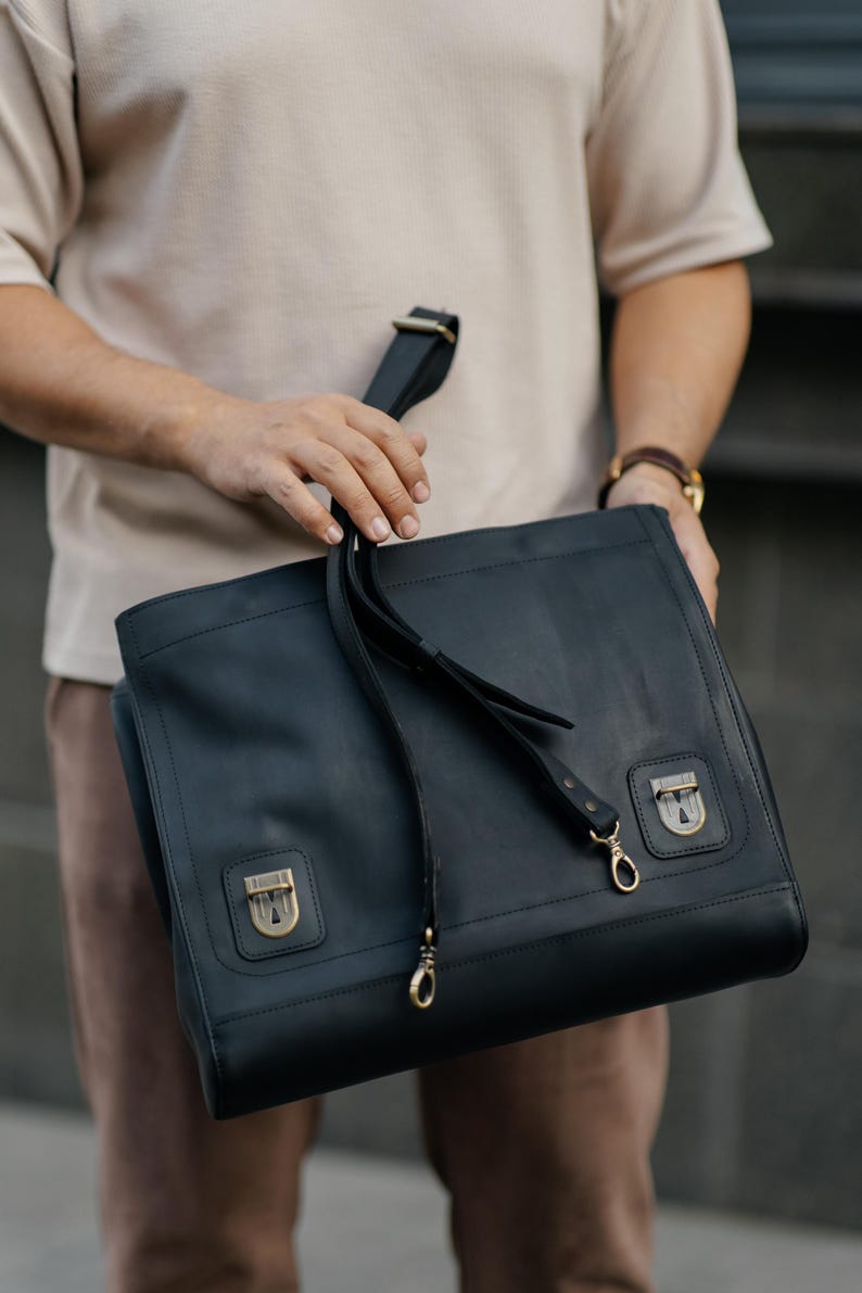 Black Leather Briefcase Men, Laptop Bag, Messenger Bag for Men, Leather ...