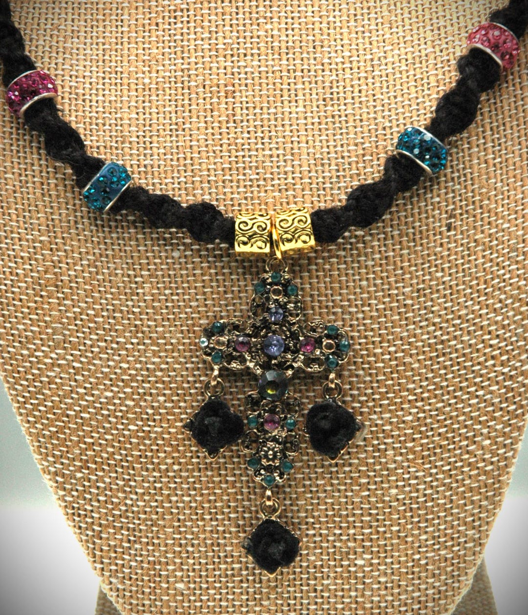 Gothic Gold-toned Cross With Black Roses on a 19 1/4" Handmade Black ...