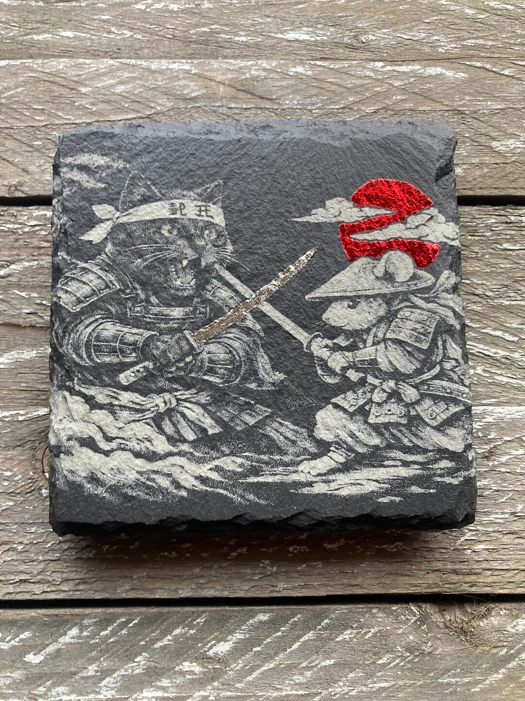 Engraved Cat Vs. Mouse Samurai Wall Art Slate Stone Metal Accentuate ...