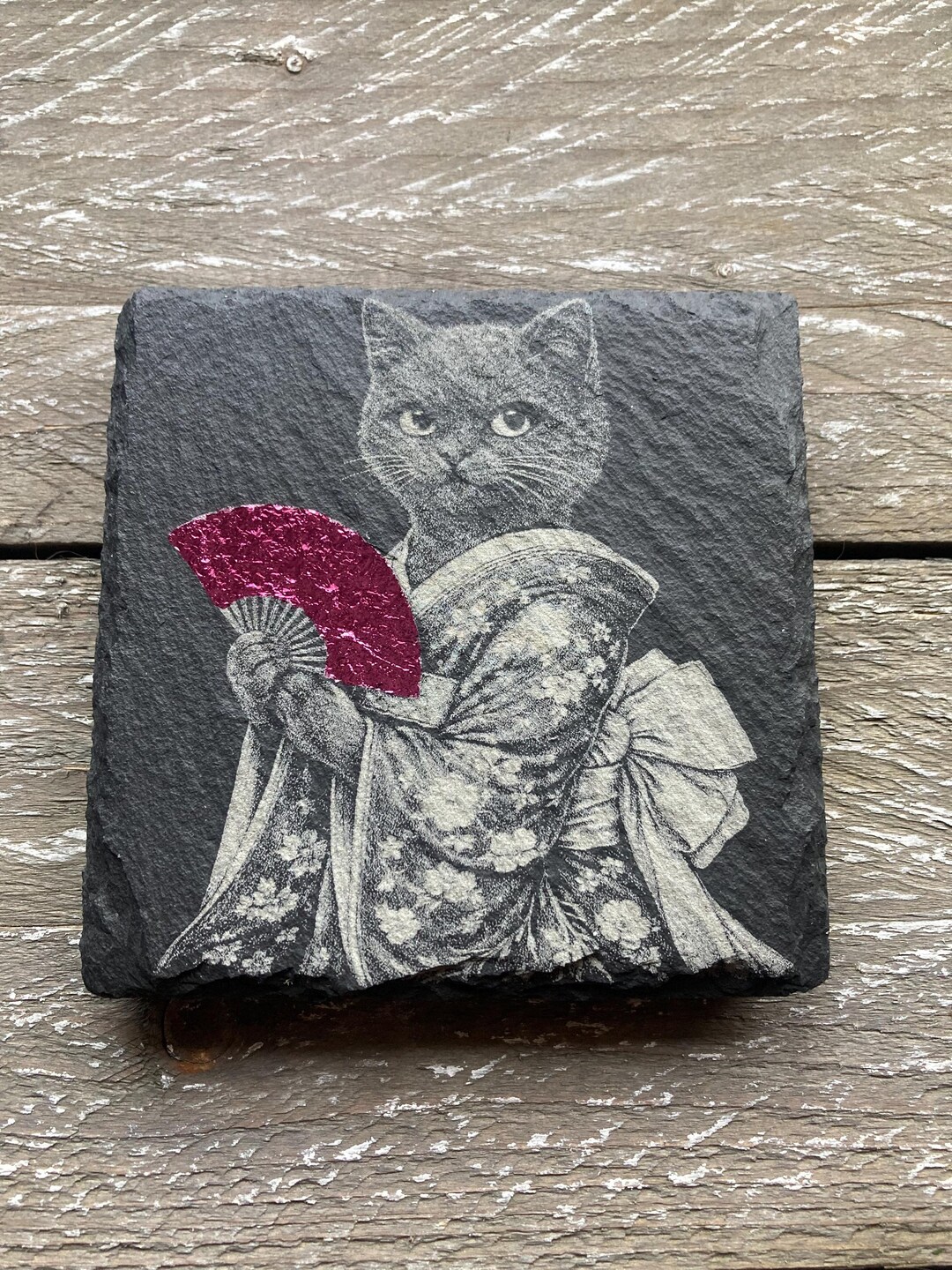 Engraved Cat Geisha Slate Metal Accentuator | Rustic Wall Decor ...