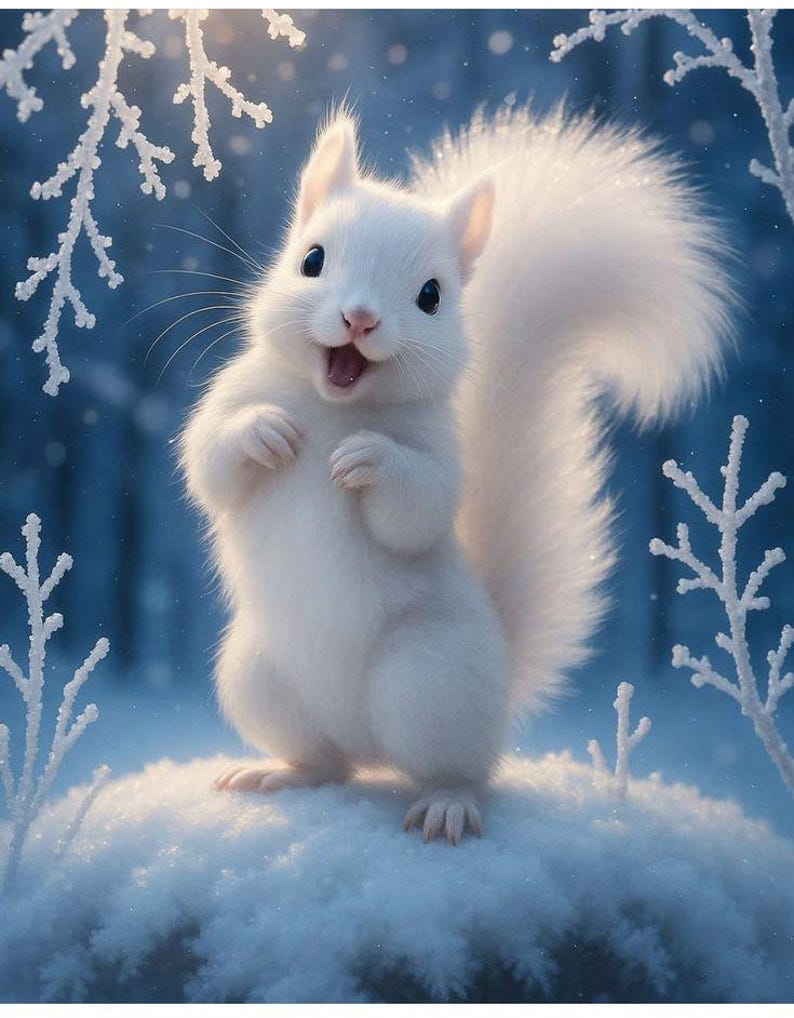 Winter White Squirrel Art Print: Whimsical Snow Scene (digital Download ...