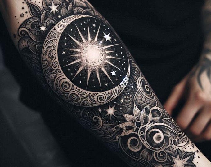 Celestial Sun and Moon Tattoo Design: Mandala Sleeve Art (digital ...