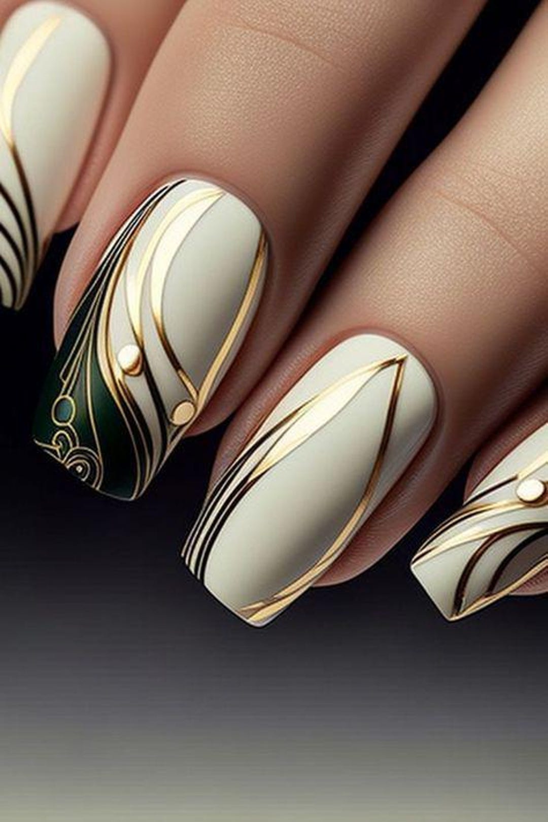 Gold Line Press on Nails: Green Cream Minimalist Nail Art - Etsy