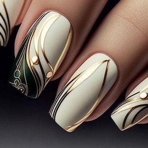 Gold Line Press on Nails: Green Cream Minimalist Nail Art - Etsy