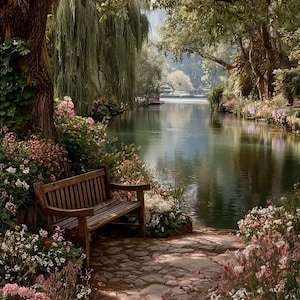 Cottagecore Garden Lake View Print, Romantic Floral Landscape (digital ...