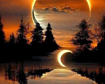 Solar Eclipse Sunset Art Print | Surreal Lake Reflection (digital ...