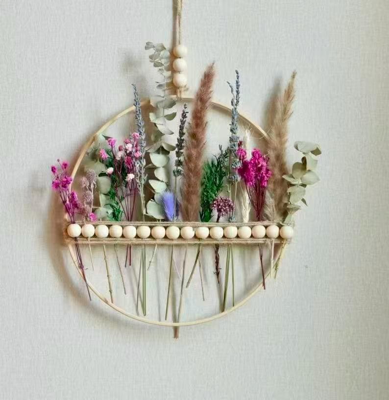 Dried Flower Wall Hanging, Dried Flowers Hoop Wreath, Natural Wooden ...