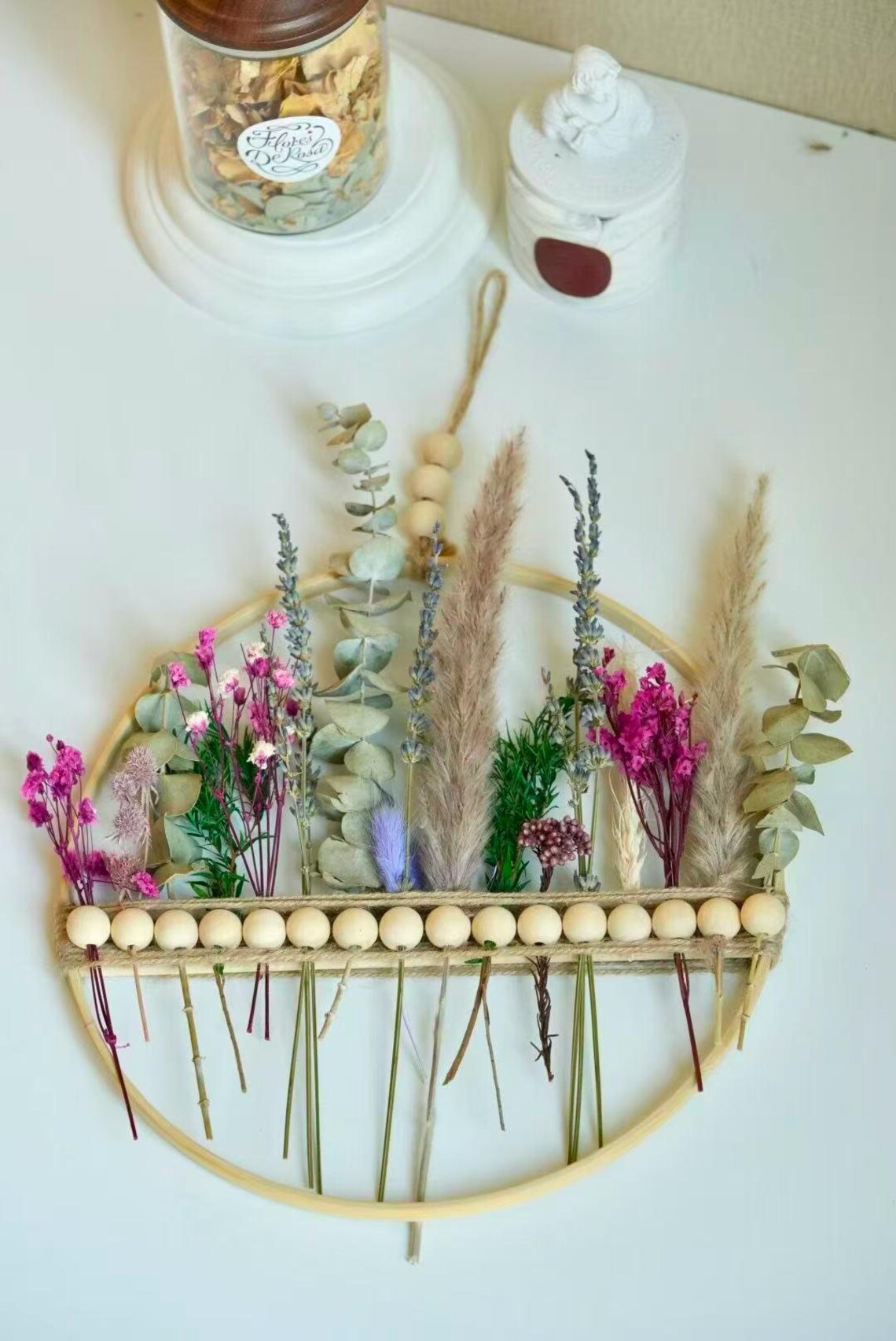 Dried Flower Wall Hanging, Dried Flowers Hoop Wreath, Natural Wooden ...