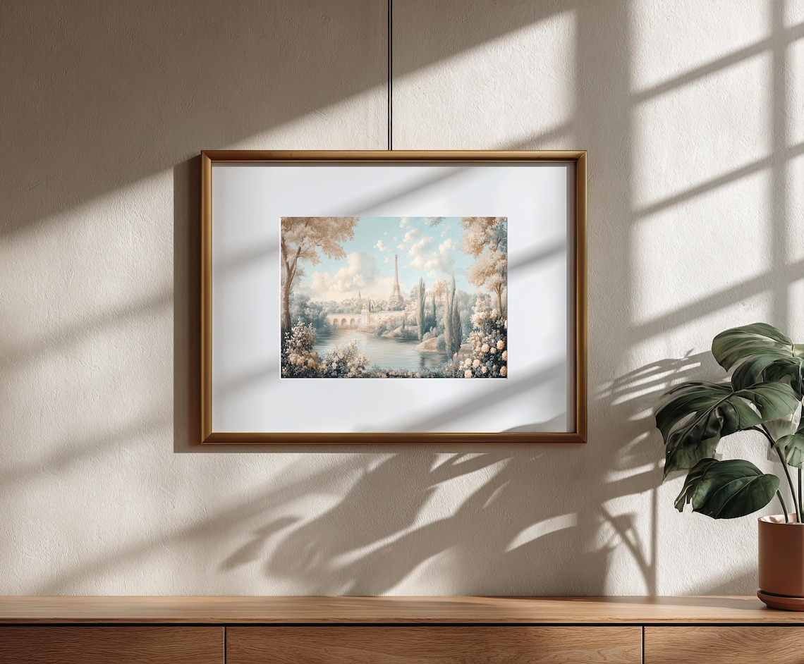 Romantic Paris Landscape Pnting | Vintage French Mural Wall Art, Eiffel ...