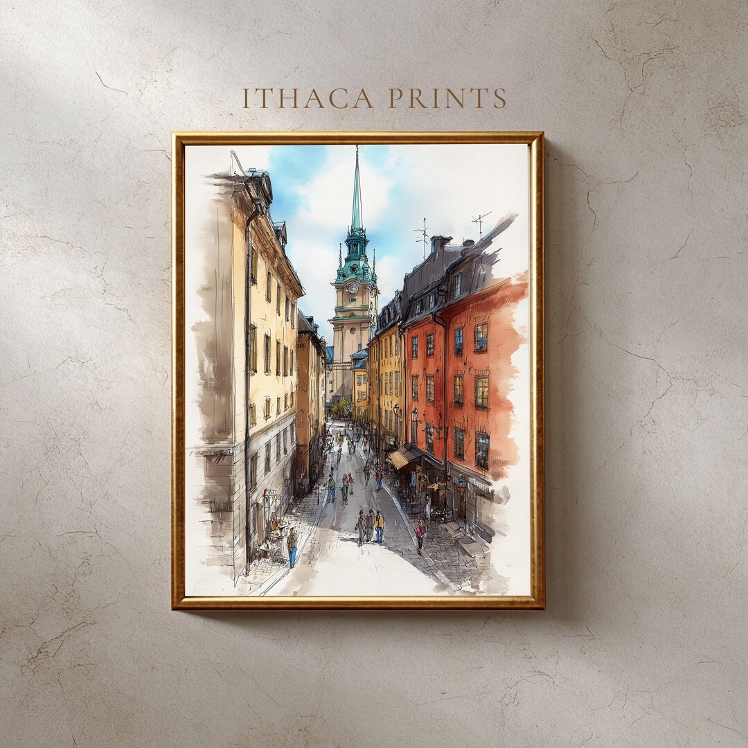 Holm Watercolor Sketch Print, Gamla Stan Wall Art, Old Town Sweden ...