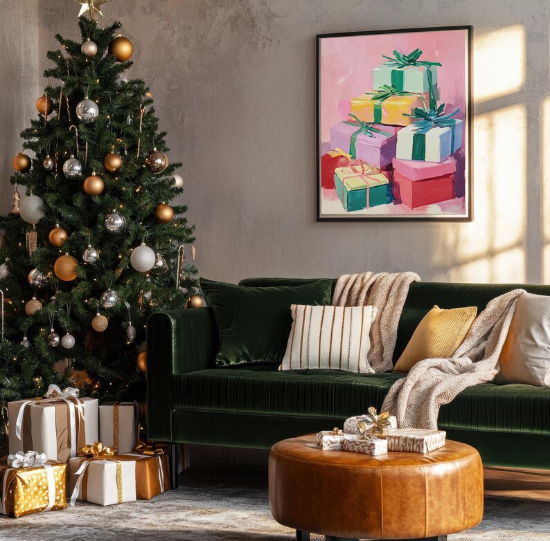 Holiday Gift Boxes Wall Art, Colorful Stack, Pink Accents (digital ...