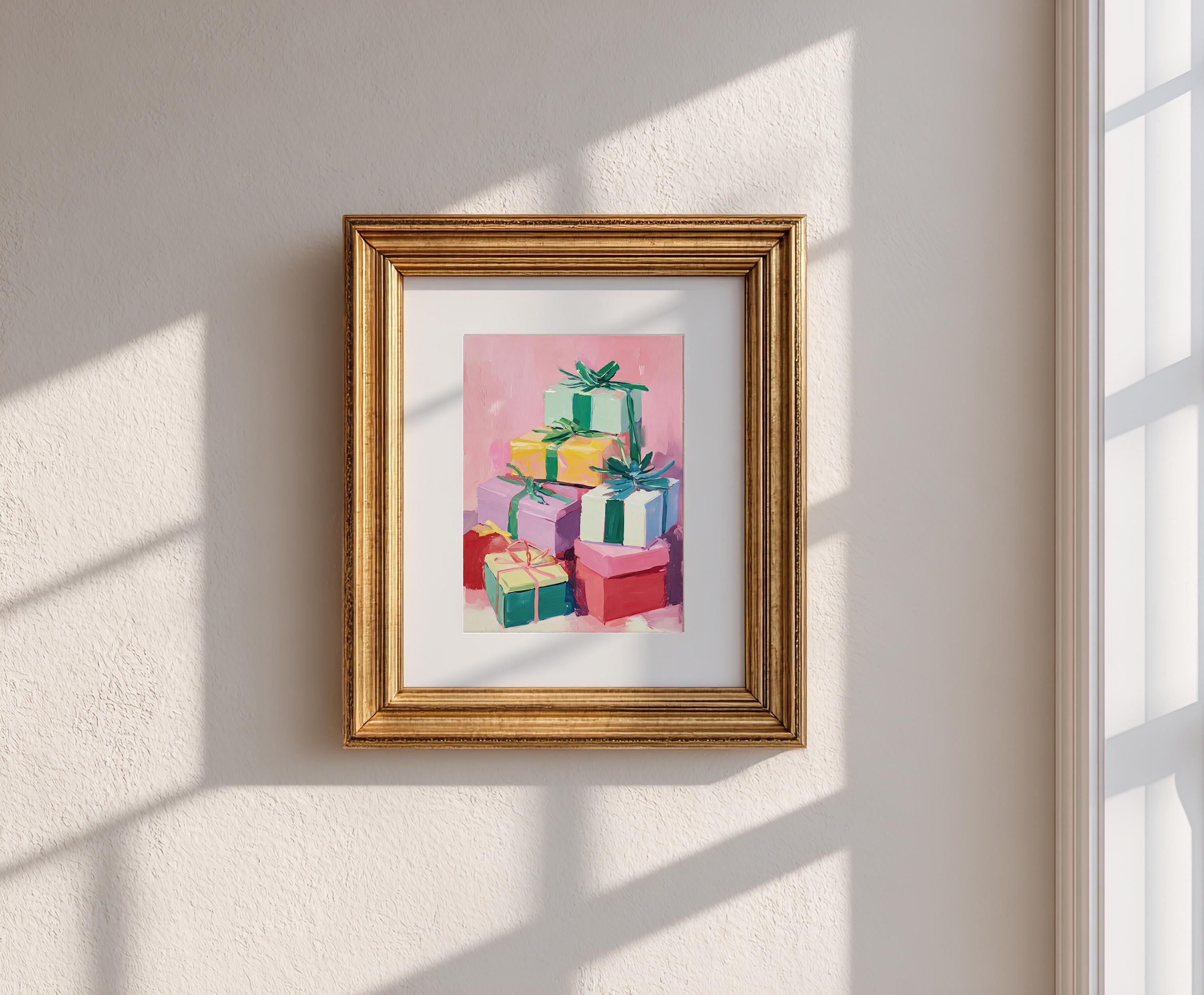 Holiday Gift Boxes Wall Art, Colorful Stack, Pink Accents (digital ...
