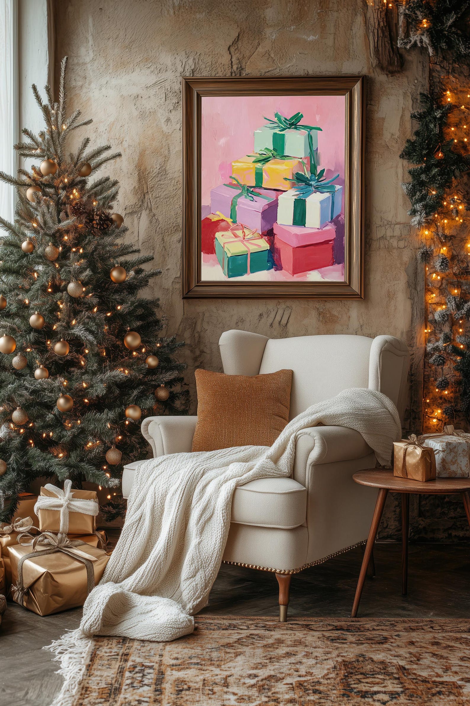 Holiday Gift Boxes Wall Art, Colorful Stack, Pink Accents (digital ...
