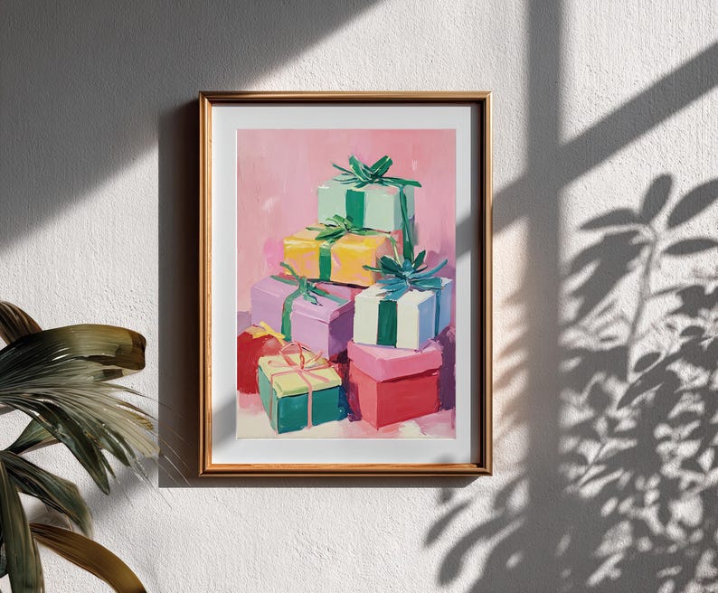 Holiday Gift Boxes Wall Art, Colorful Stack, Pink Accents (digital ...