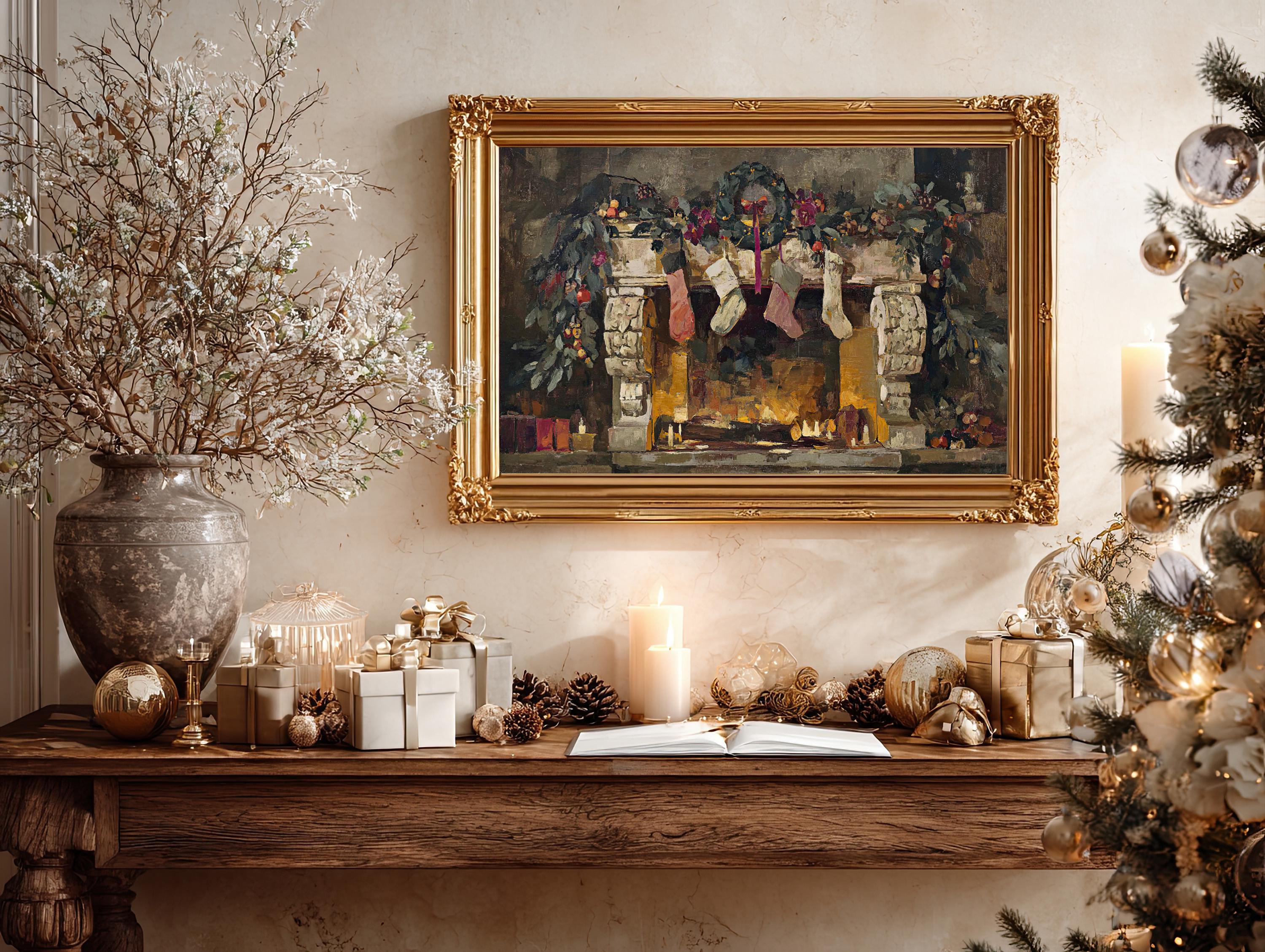 Vintage Christmas Fireplace Art Print: Cozy Holiday Mantel Decor ...