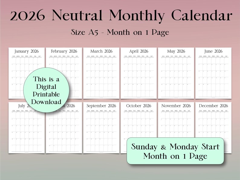 2026 Neutral Monthly Calendar Insert: A5 Size, Sunday & Monday Start ...