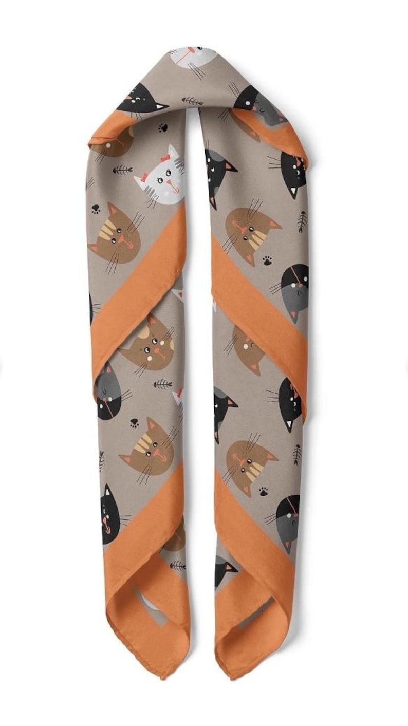 Cat Print Satin Bandana 20x20" – Khaki Green Cartoon Cat Headscarf ...