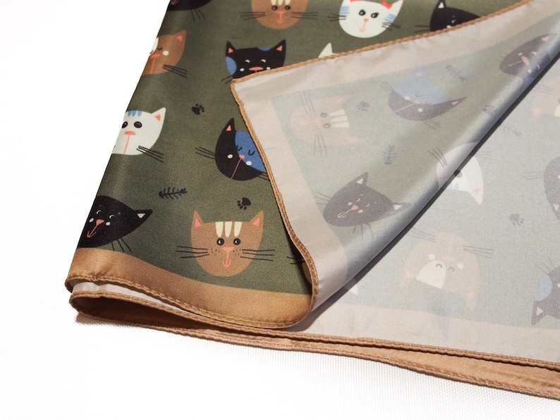 Cat Print Satin Bandana 20x20" – Khaki Green Cartoon Cat Headscarf ...