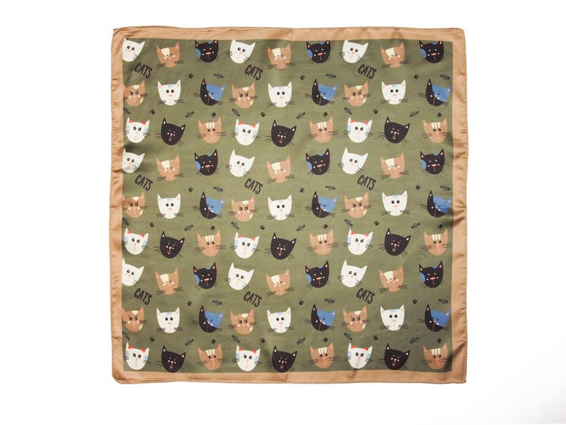 Cat Print Satin Bandana 20x20" – Khaki Green Cartoon Cat Headscarf ...