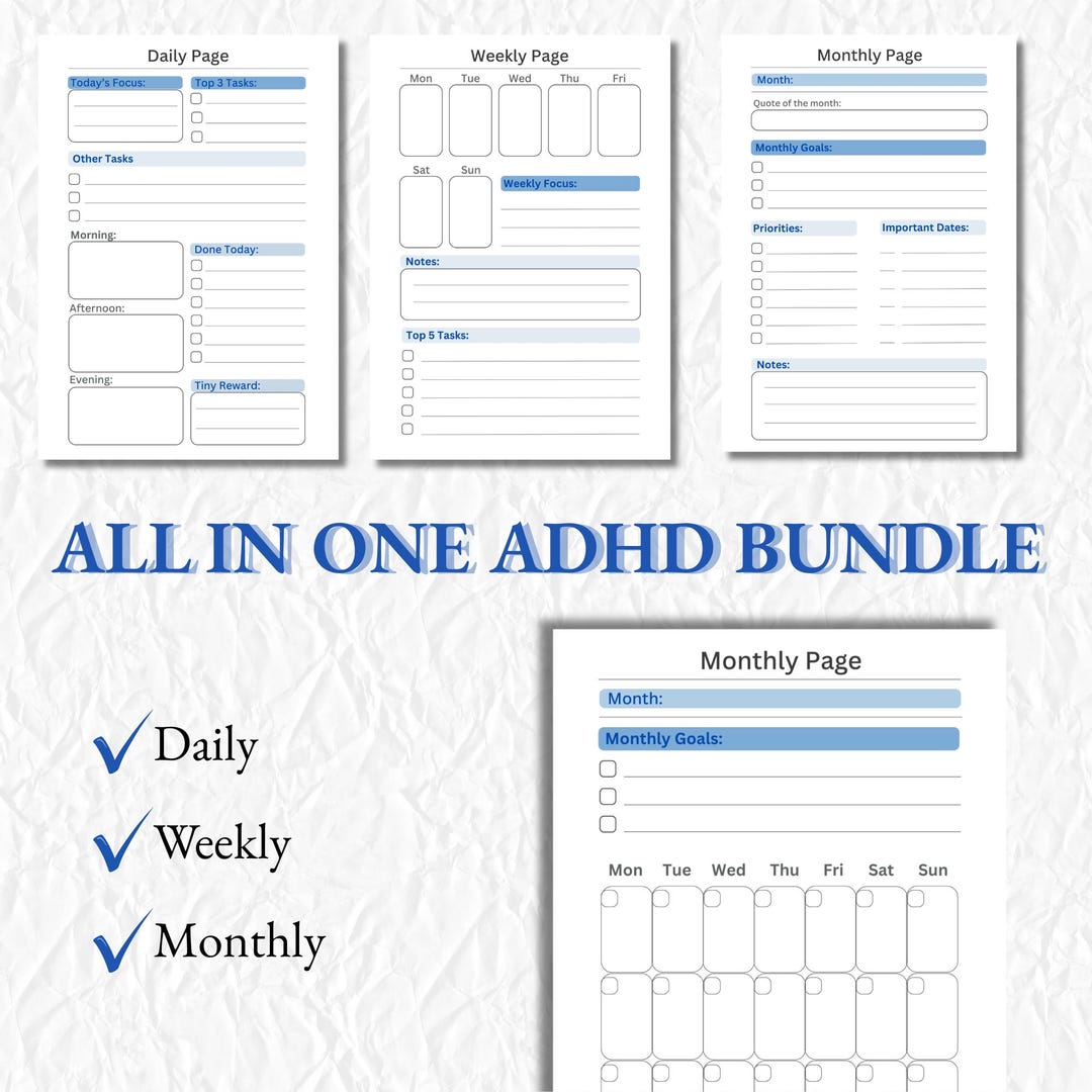 Blue ADHD Planner Printable | Daily, Weekly, Monthly Pages (digital ...
